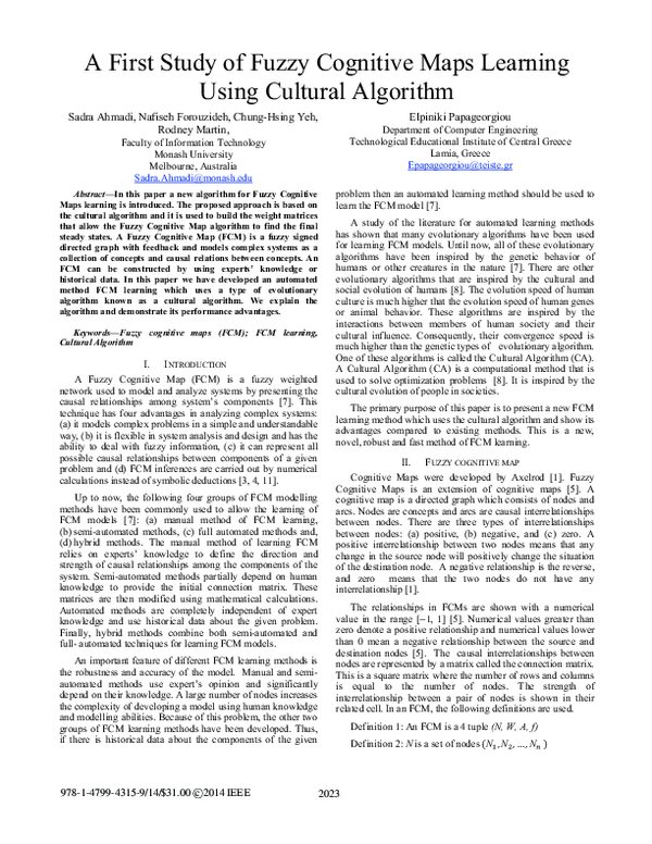 (PDF) A first study of Fuzzy Cognitive Maps learning using cultural algorithm