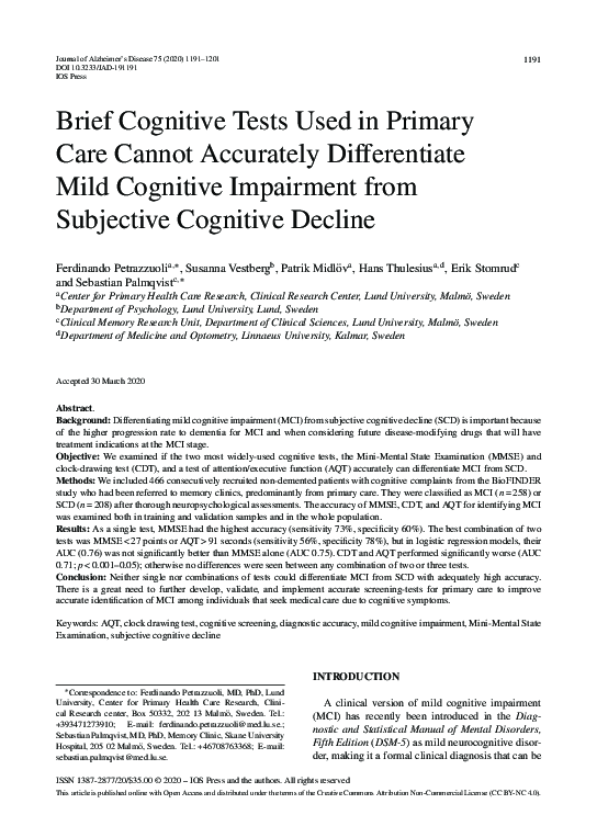 (PDF) Brief Cognitive Tests Used in Primary Care Cannot Accurately ...