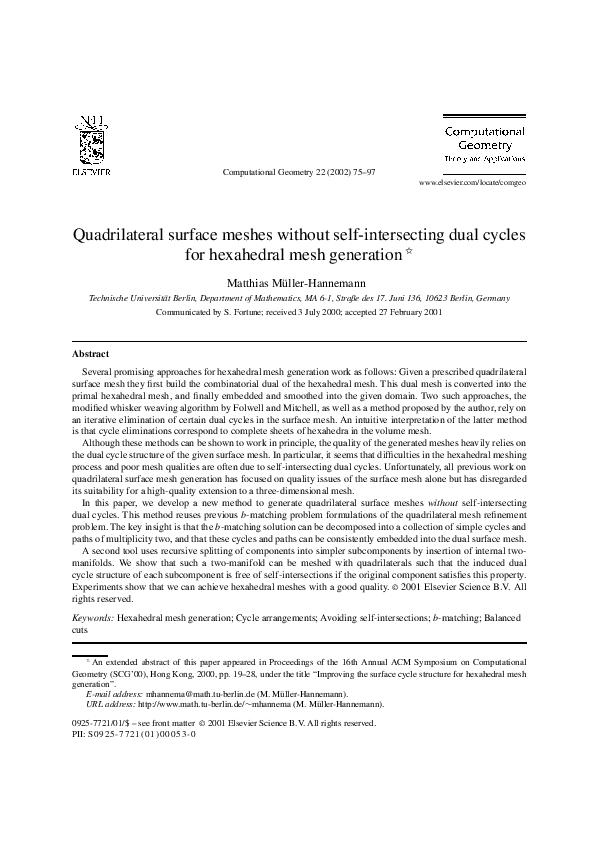 (PDF) Quadrilateral surface meshes without self-intersecting dual cycles for hexahedral mesh ...