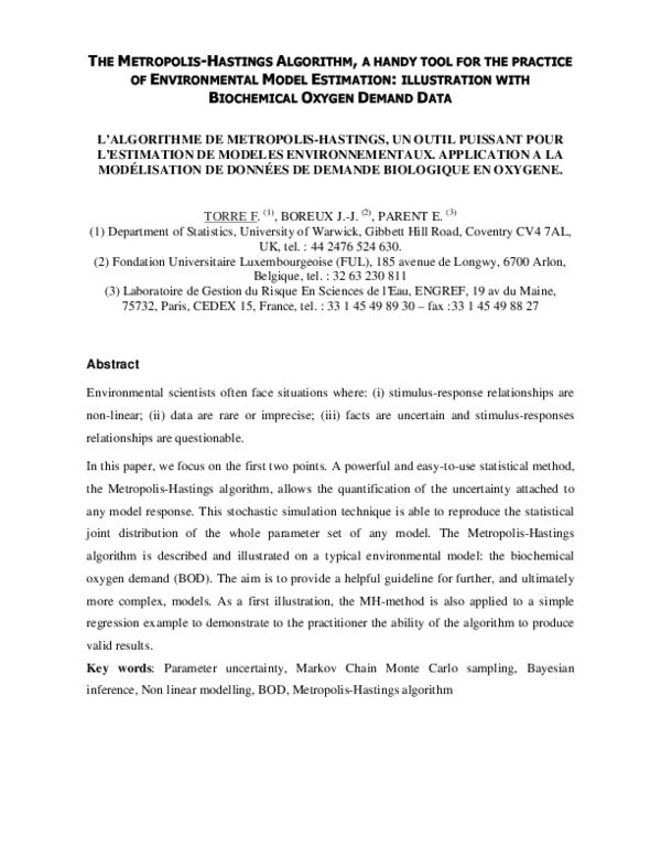 (PDF) The metropolis-hastings algorithm, a handy tool for the practice ...
