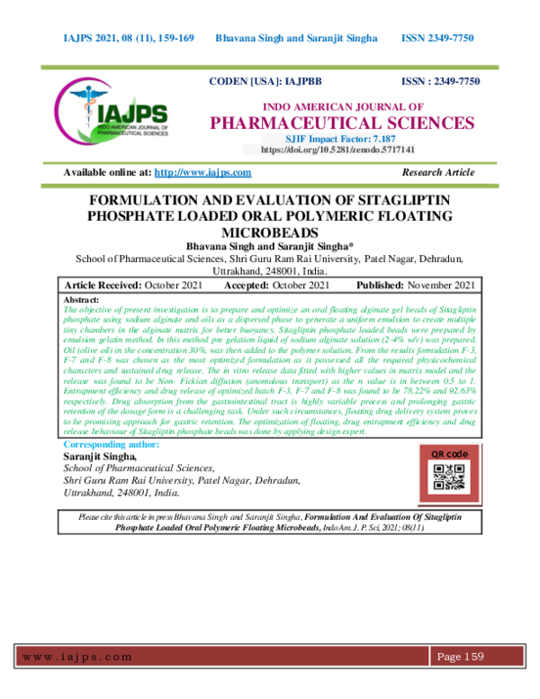 Pdf Formulation And Evaluation Of Sitagliptin Phosphate Loaded Oral Polymeric Floating Microbeads