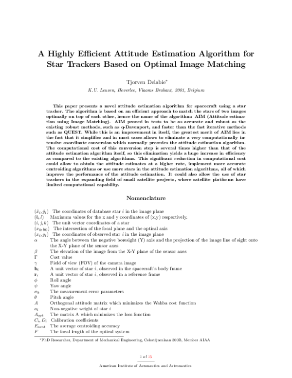 Pdf A Highly Efficient Attitude Estimation Algorithm For Star Trackers Based On Optimal Image