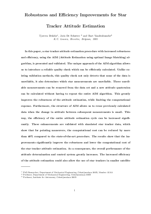 Pdf Robustness And Efficiency Improvements For Star Tracker Attitude