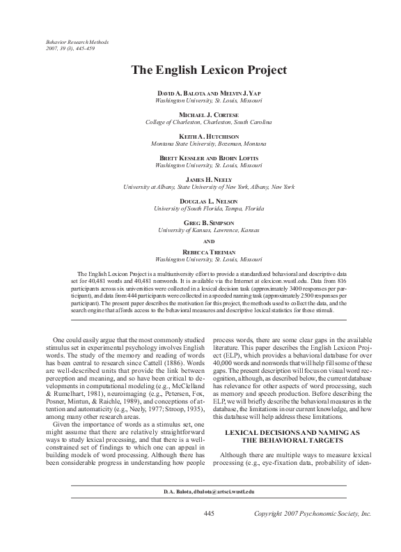 (PDF) The English Lexicon Project: A web-based repository of ...