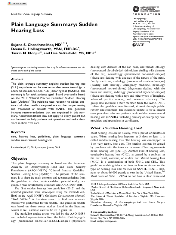 (PDF) Plain Language Summary: Sudden Hearing Loss