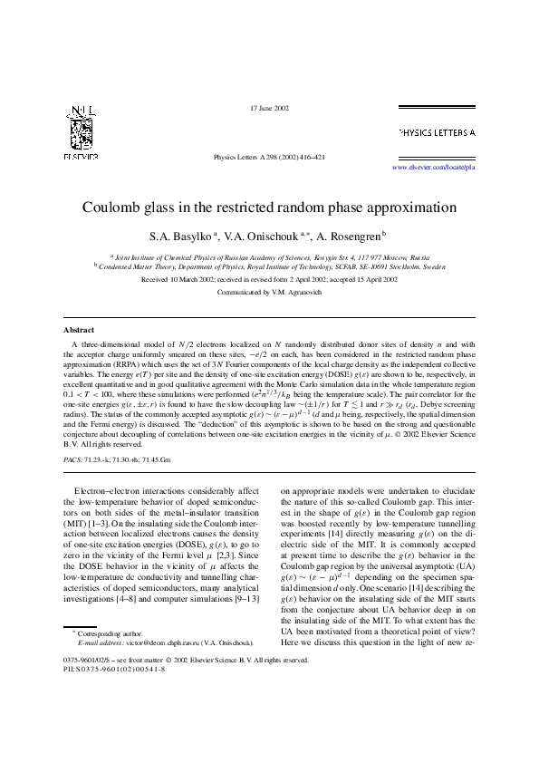 (PDF) Coulomb glass in the restricted random phase approximation | A. Rosengren - Academia.edu