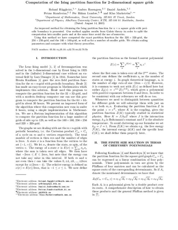 Pdf Computation Of The Ising Partition Function For Two Dimensional Square Grids A