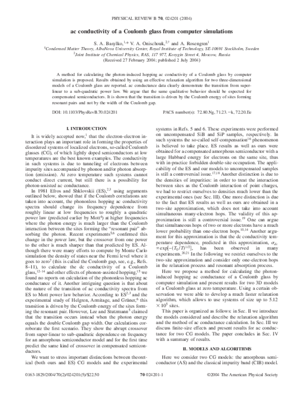 (PDF) ac conductivity of a Coulomb glass from computer simulations