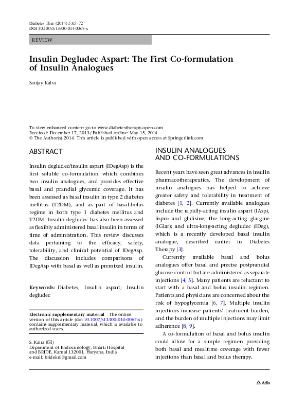 (PDF) Insulin Degludec Aspart: The First Co-formulation of Insulin ...