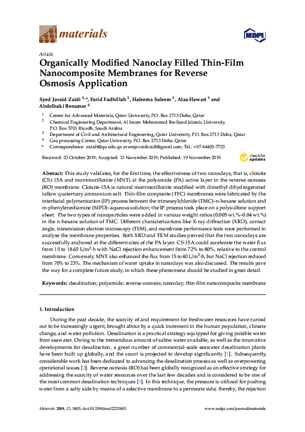 (PDF) Organically Modified Nanoclay Filled Thin-Film Nanocomposite ...