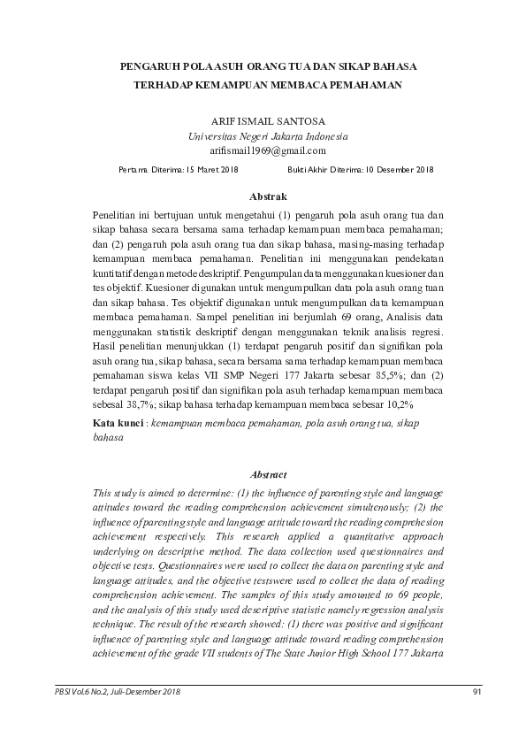 (PDF) Pengaruh Pola Asuh Orang Tua Dan Sikap Bahasa Terhadap Kemampuan Membaca Pemahaman
