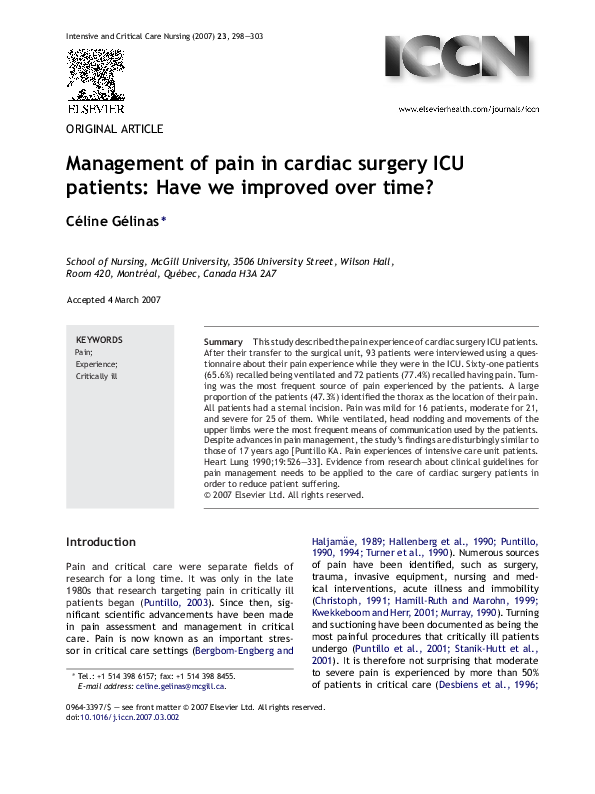 (PDF) Management of pain in cardiac surgery ICU patients: Have we ...