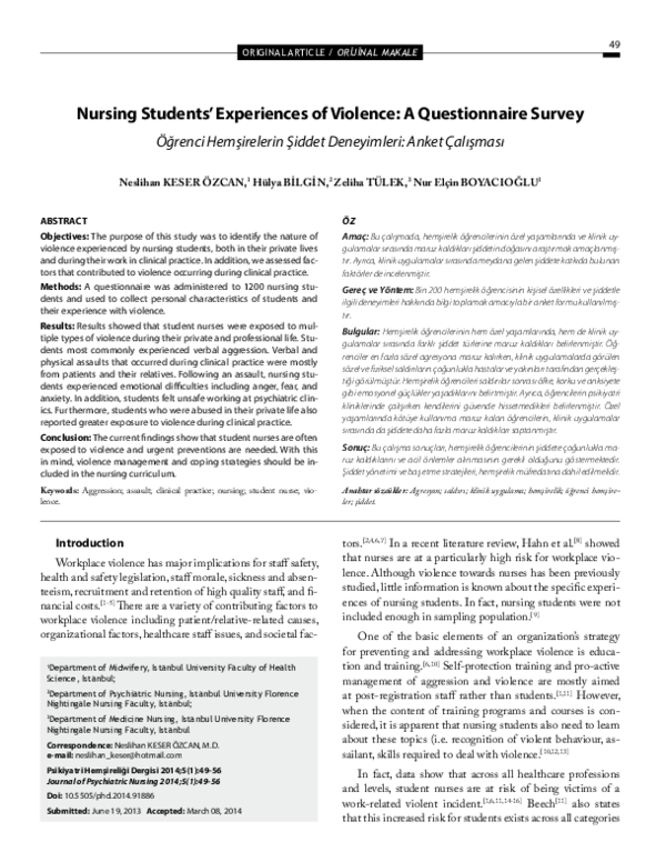 (PDF) Nursing students' experiences of violence: A Questionnaire Survey