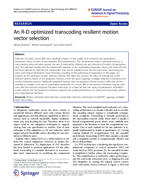 (PDF) An RD optimized transcoding resilient motion vector selection