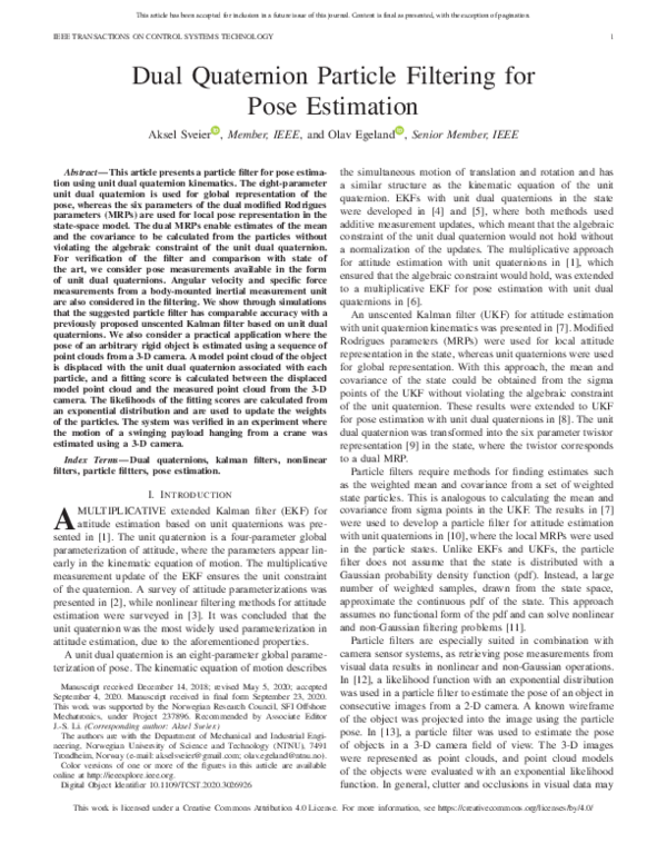 Pdf Dual Quaternion Particle Filtering For Pose Estimation Olav Egeland