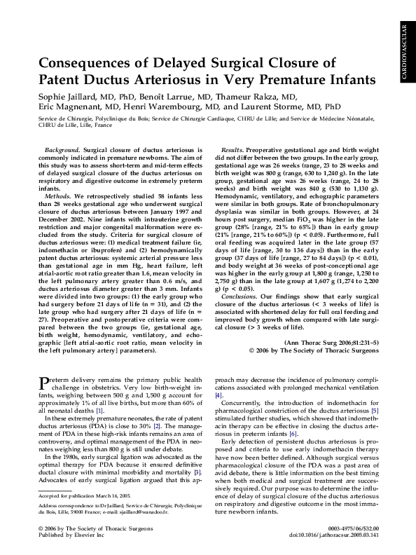 (PDF) Consequences of Delayed Surgical Closure of Patent Ductus ...