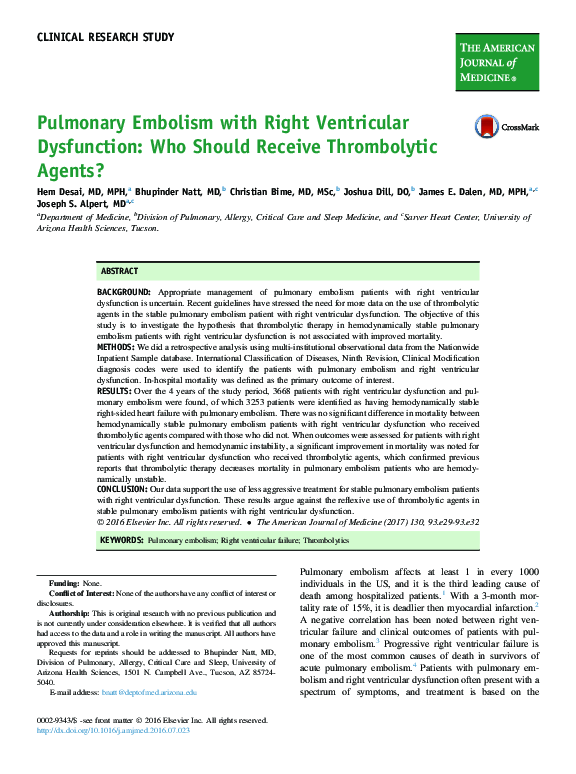 (PDF) Pulmonary Embolism with Right Ventricular Dysfunction: Who Should ...