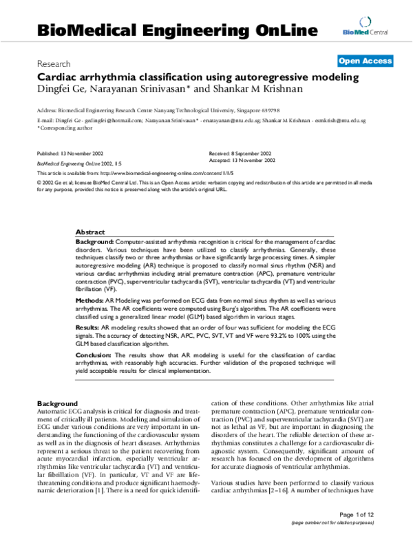 (PDF) Cardiac Arrhythmia Classification Using Autoregressive Modeling (PDF) Cardiac Arrhythmia Classification Using Autoregressive Modeling