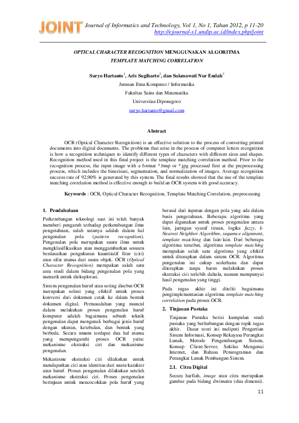 Pdf Optical Character Recognition Menggunakan Algoritma Template Matching Correlation