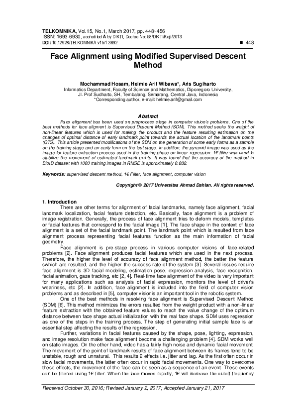 (PDF) Face Alignment using Modified Supervised Descent Method