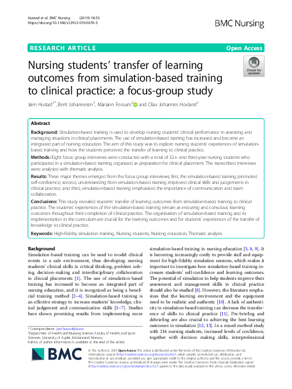 (PDF) Nursing students’ transfer of learning outcomes from simulation ...