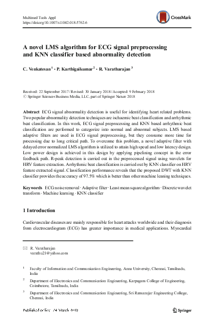 Pdf A Novel Lms Algorithm For Ecg Signal Preprocessing And Knn