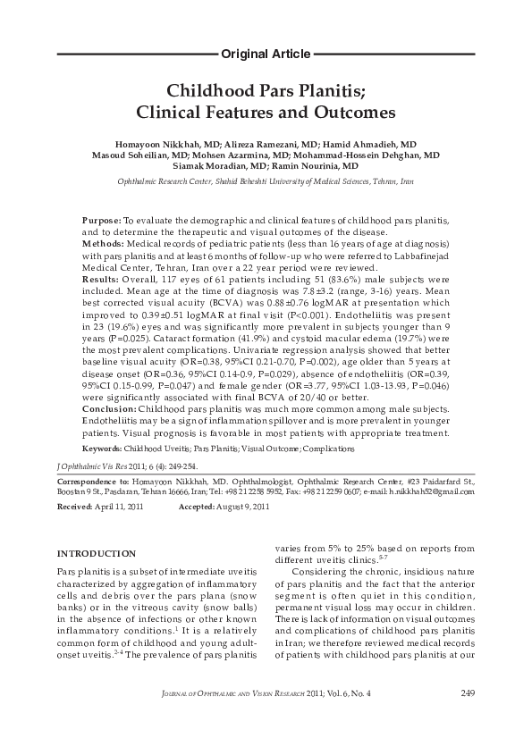 (PDF) Childhood pars planitis; clinical features and outcomes