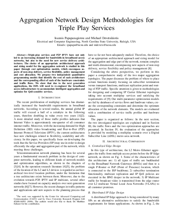 (PDF) Aggregation Network Design Methodologies for Triple Play Services