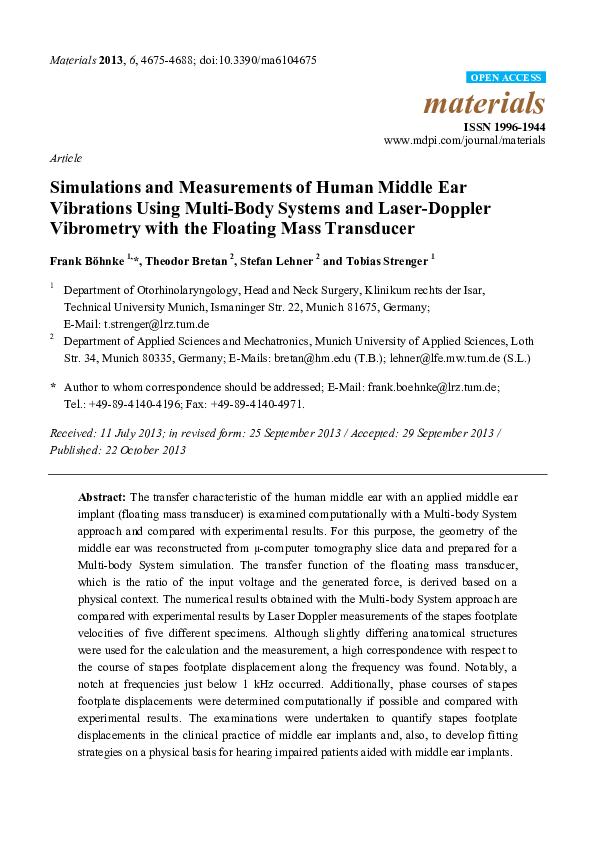 (PDF) Simulations and Measurements of Human Middle Ear Vibrations Using ...