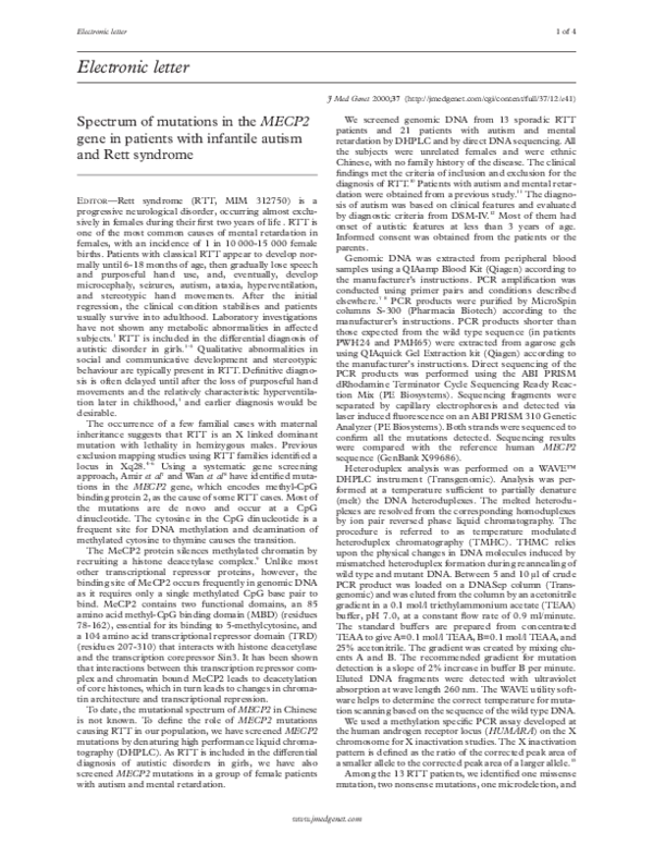 (PDF) Spectrum of mutations in the MECP2 gene in patients with ...