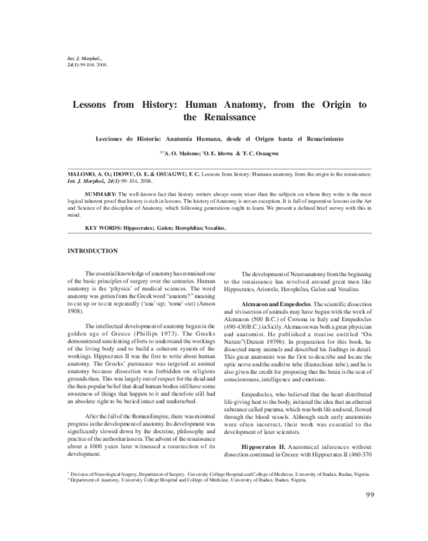 (PDF) Lessons from History: Human Anatomy, from the Origin to the ...