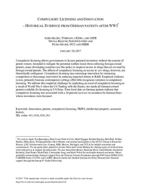 (PDF) Compulsory licensing and innovation – Historical evidence from ...