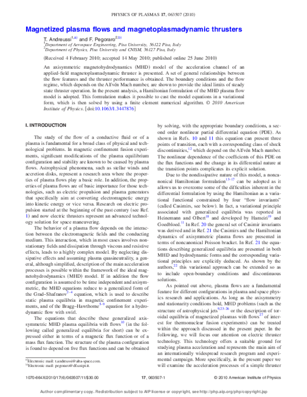 (PDF) Magnetized plasma flows and magnetoplasmadynamic thrusters