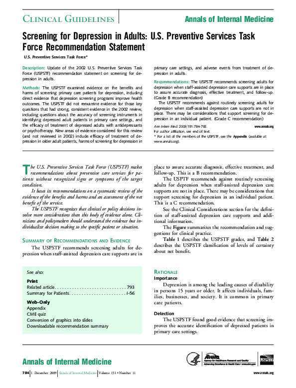 (PDF) Screening for Depression in Adults: U.S. Preventive Services Task ...