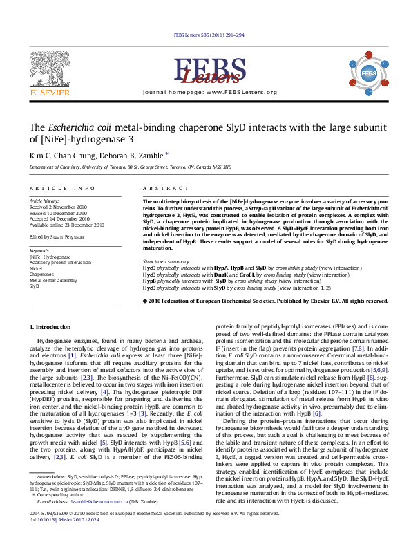 (PDF) The Escherichia coli metal-binding chaperone SlyD interacts with ...