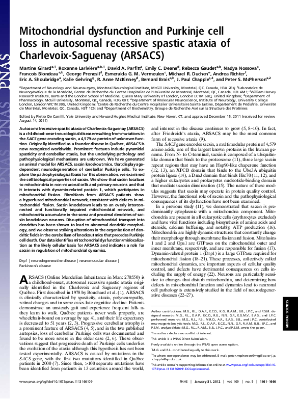 (PDF) Autosomal recessive spastic ataxia of Charlevoix-Saguenay (ARSACS): typical clinical and ...