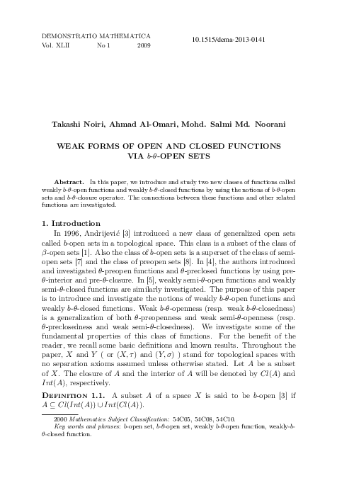 Pdf Weak Forms Of Open And Closed Functions Via B θ Open Sets