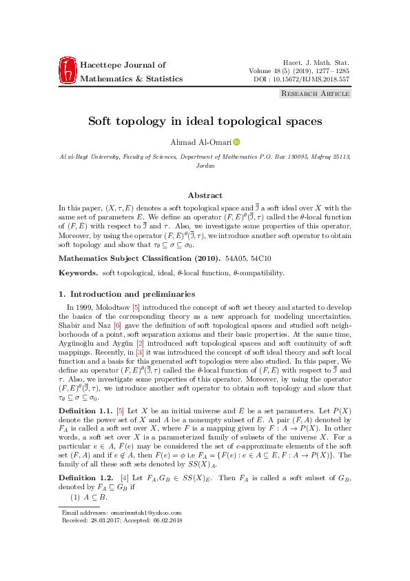 (PDF) Soft Topology in Ideal Topological Spaces
