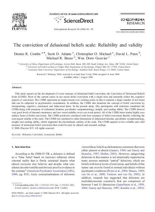 (PDF) The conviction of delusional beliefs scale: Reliability and validity