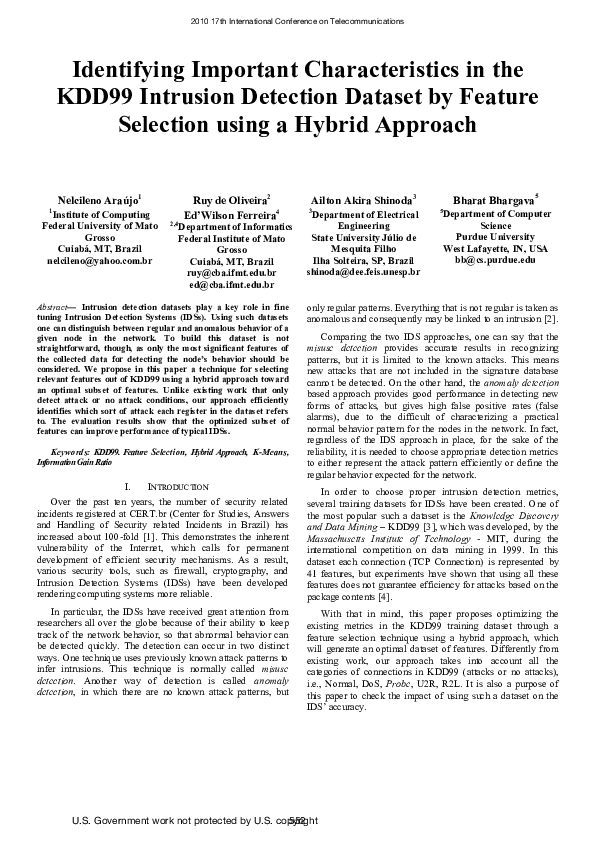 Pdf Identifying Important Characteristics In The Kdd99 Intrusion
