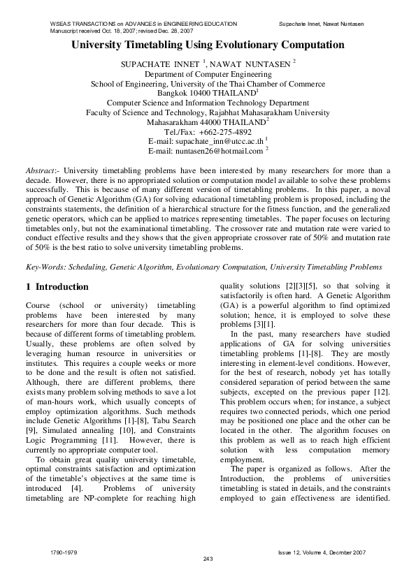 (PDF) University Timetabling Using Evolutionary Computation