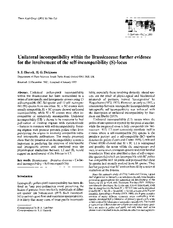 (PDF) Unilateral incompatibility within the brassicaceae: further ...