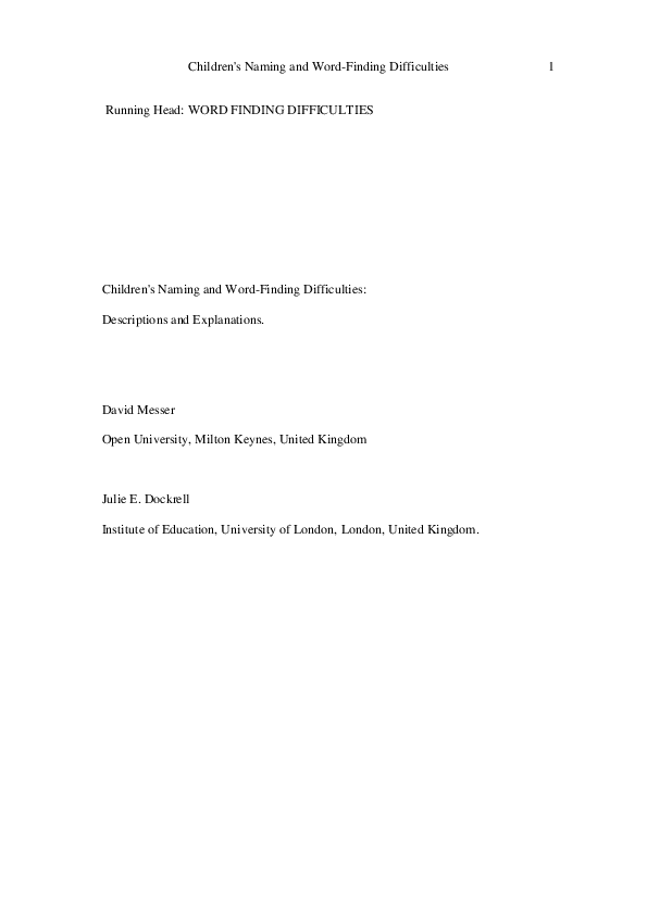 (PDF) Children's Naming and Word-Finding Difficulties: Descriptions and ...