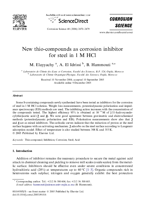 (PDF) New thio-compounds as corrosion inhibitor for steel in 1M HCl