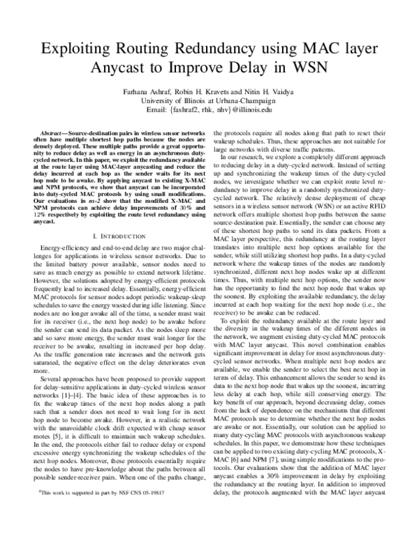(PDF) Exploiting routing redundancy using MAC layer anycast to improve delay in WSN