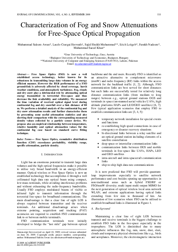 (PDF) Characterization of Fog and Snow Attenuations for Free-Space ...