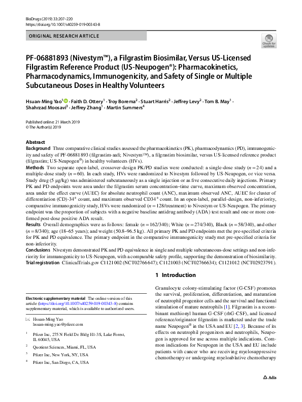 (PDF) PF-06881893 (Nivestym™), a Filgrastim Biosimilar, Versus US ...