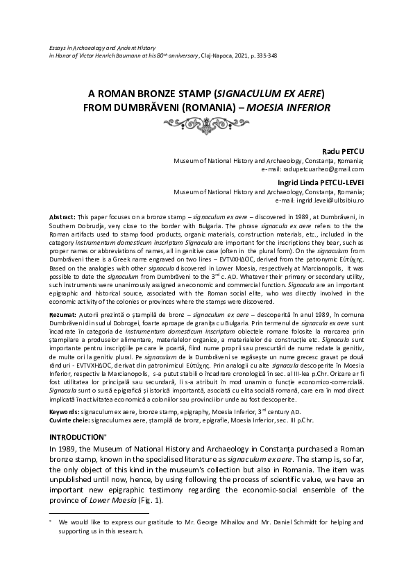 (PDF) A ROMAN BRONZE STAMP (SIGNACULUM EX AERE) FROM DUMBRĂVENI ...