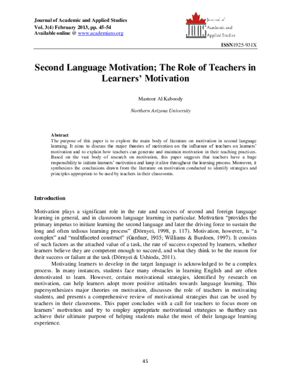 (PDF) Second Language Motivation; The Role of Teachers in Learners ...