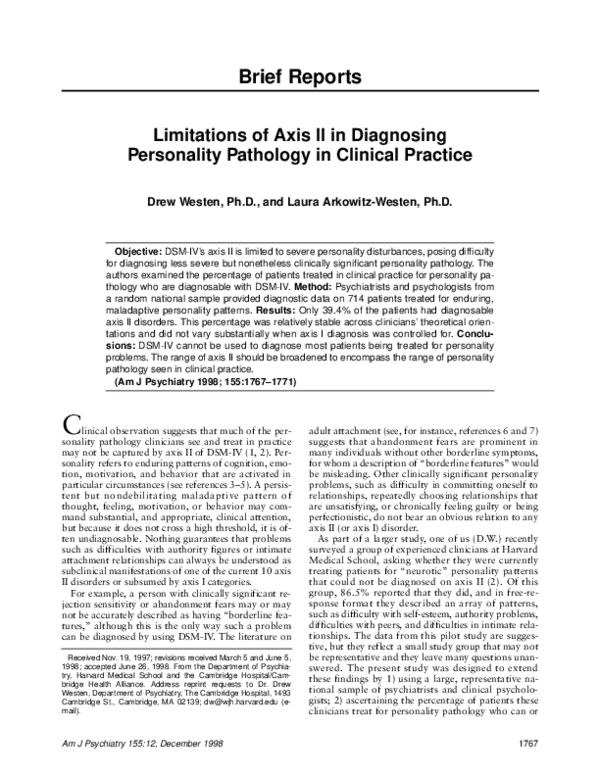 (PDF) Limitations of axis II in diagnosing personality pathology in ...